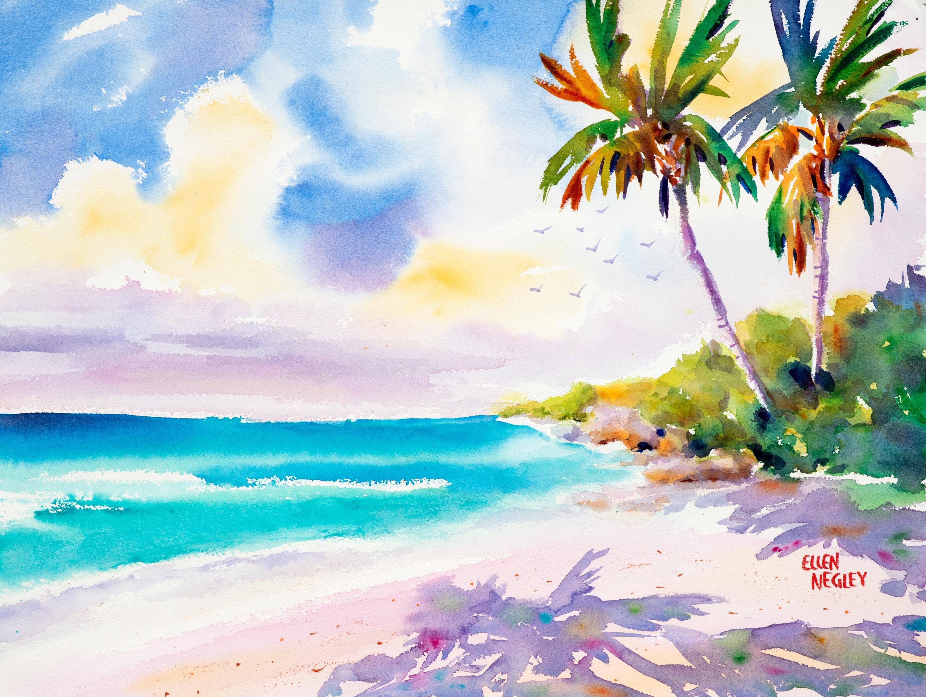 Watercolor Paintings Of Beaches Coastline Beauty Landscape Oil