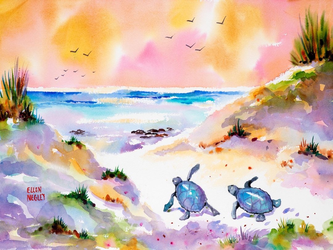 Sea Turtle Painting, Baby Turtle Art Print, Turtle Canvas, Florida Beach Art, Loggerhead Turtle ...