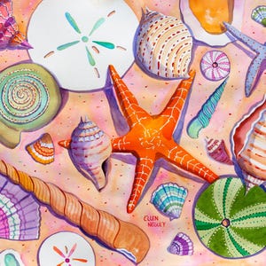 Seashell Print, Starfish Painting, Florida Beach Art, Sand Dollar Print ...