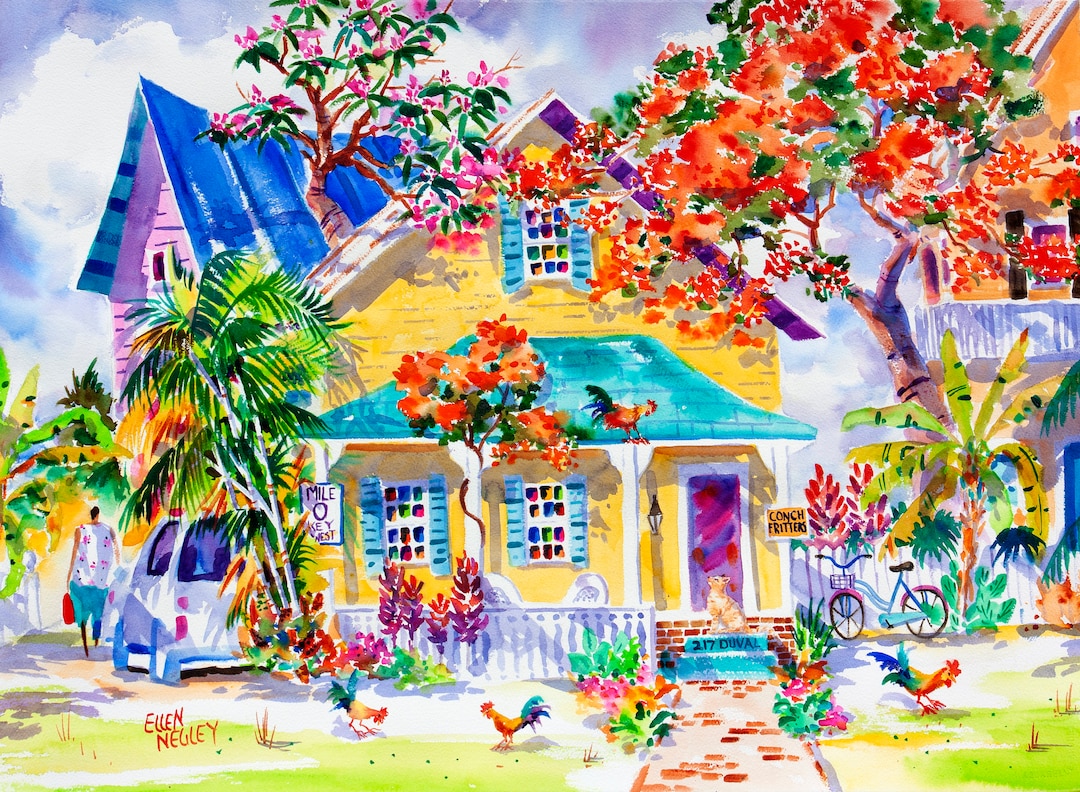 Key West Print, Rooster Art Print, Chicken Painting, Tropical Painting ...