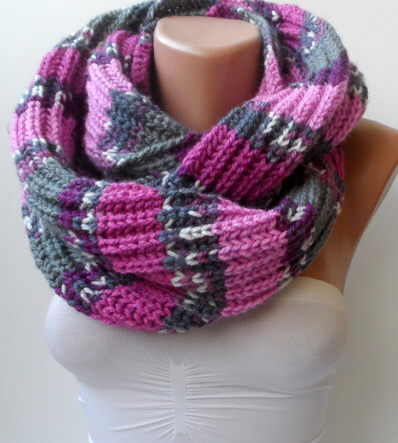 Knitted Chunky in Purple Gray UNISEX Cowl Loop Scarf Handmade - Etsy