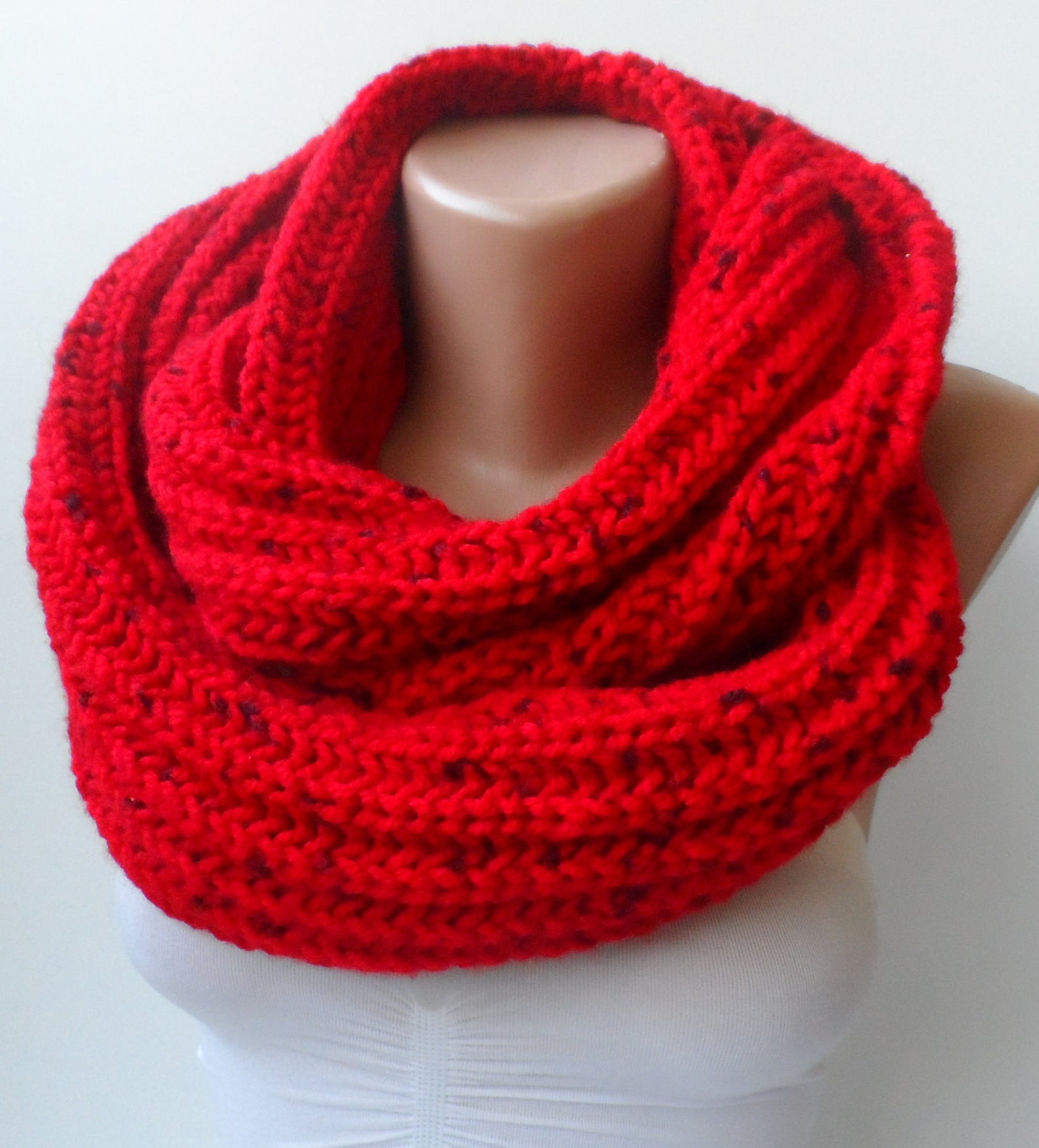 Red Knitted Cowl Scarves UNISEX Knit Loop Scarf Handmade - Etsy