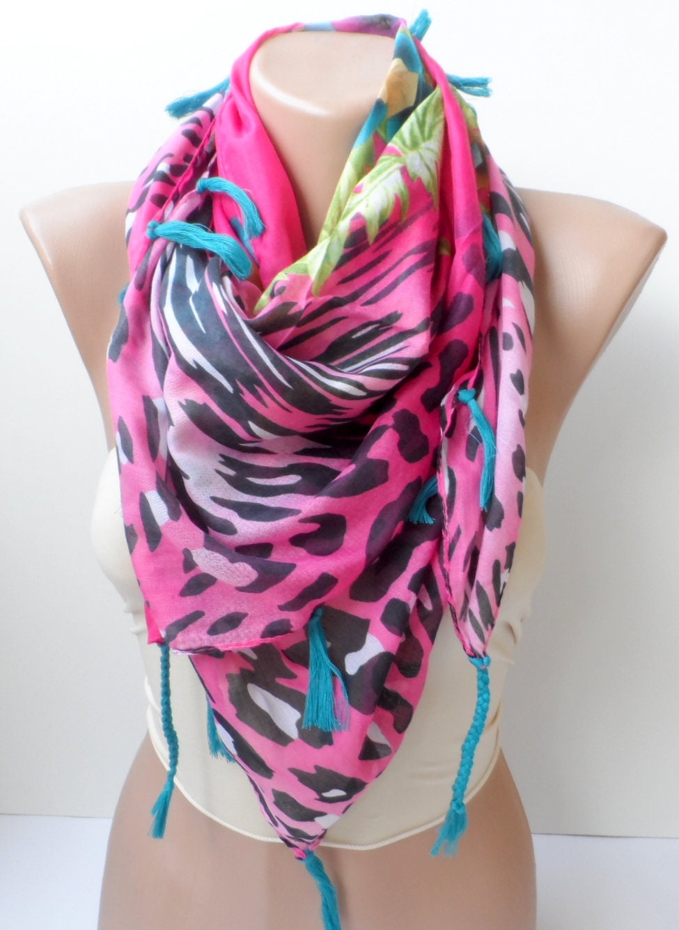 Pink Cotton Square Scarf , Pink Leopar Pattern Scarf, Summer Scarf ...