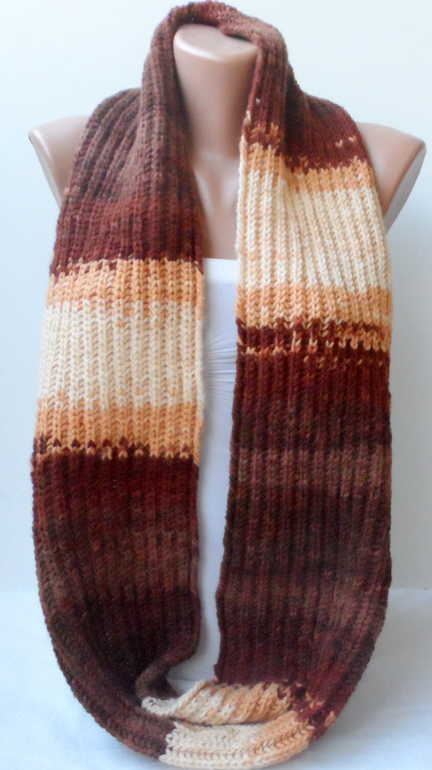 Brown Cream Knitted Cowl Scarf Loop Scarf Infinity Scarf WOOL Scarf ...