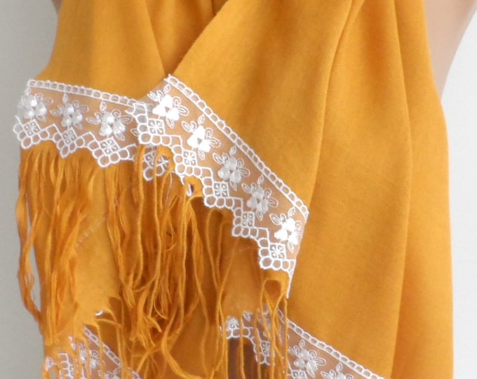 Mustard Yellow Pashmina With French Lace Scarfs Bridesmaid Pashmina ...