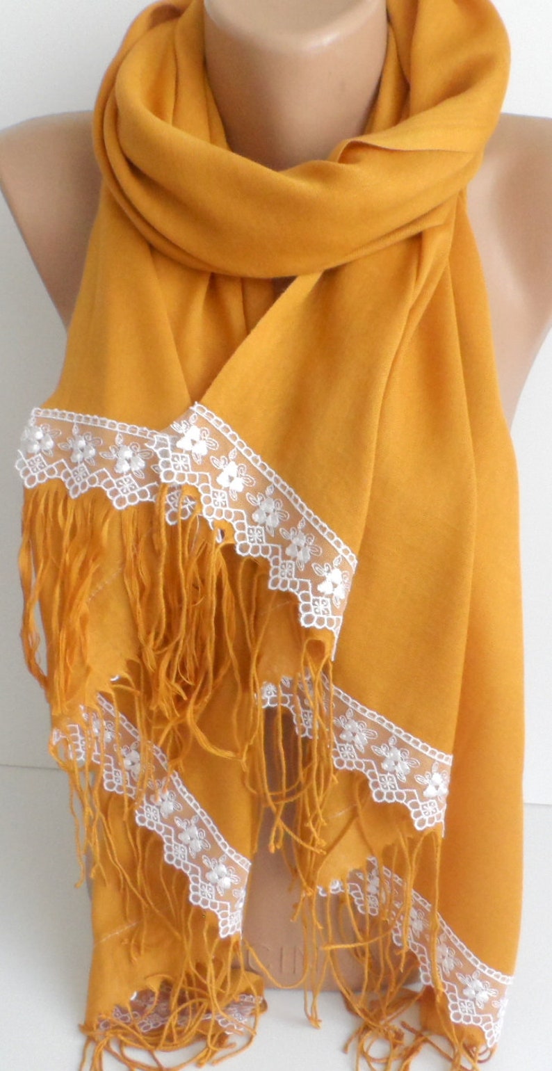 Mustard Yellow Pashmina With French Lace Scarfs Bridesmaid Pashmina ...