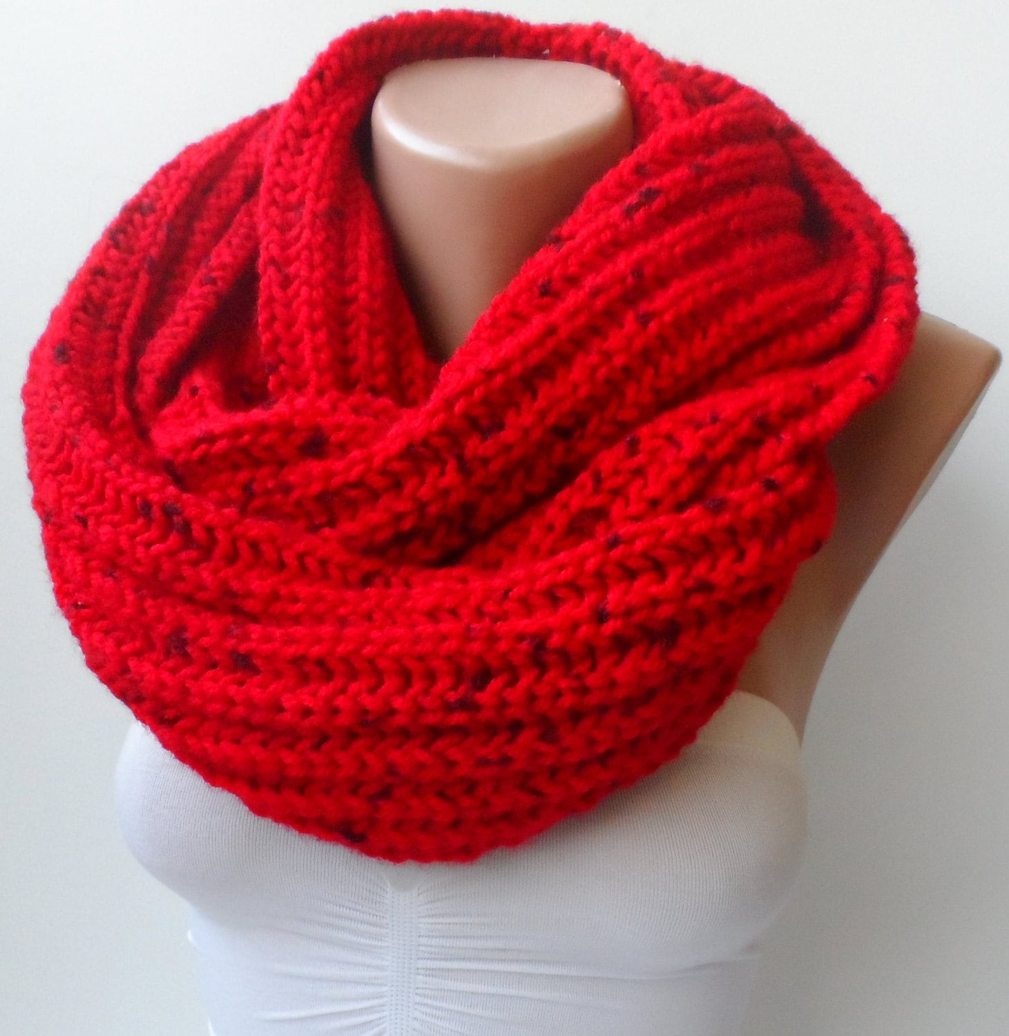Red Knitted Cowl Scarves UNISEX Knit Loop Scarf Handmade - Etsy