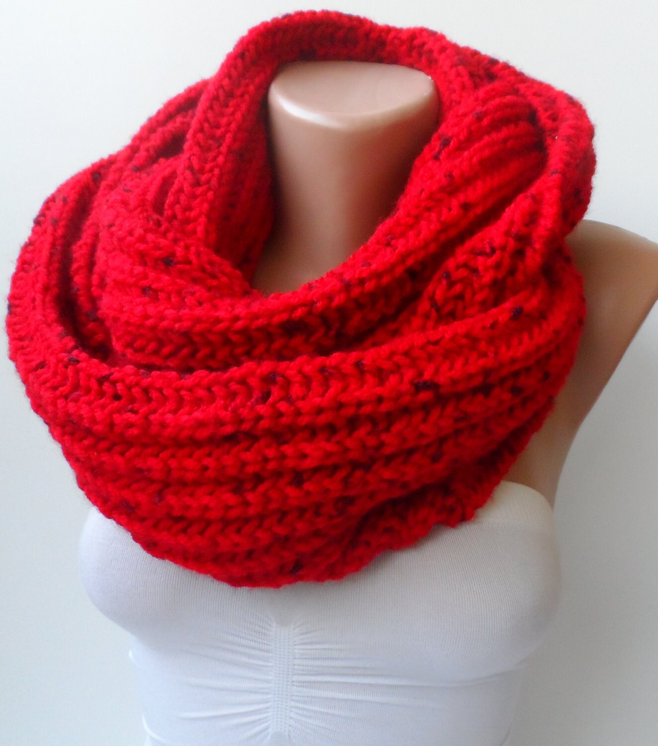 Red Knitted Cowl Scarves UNISEX Knit Loop Scarf Handmade - Etsy