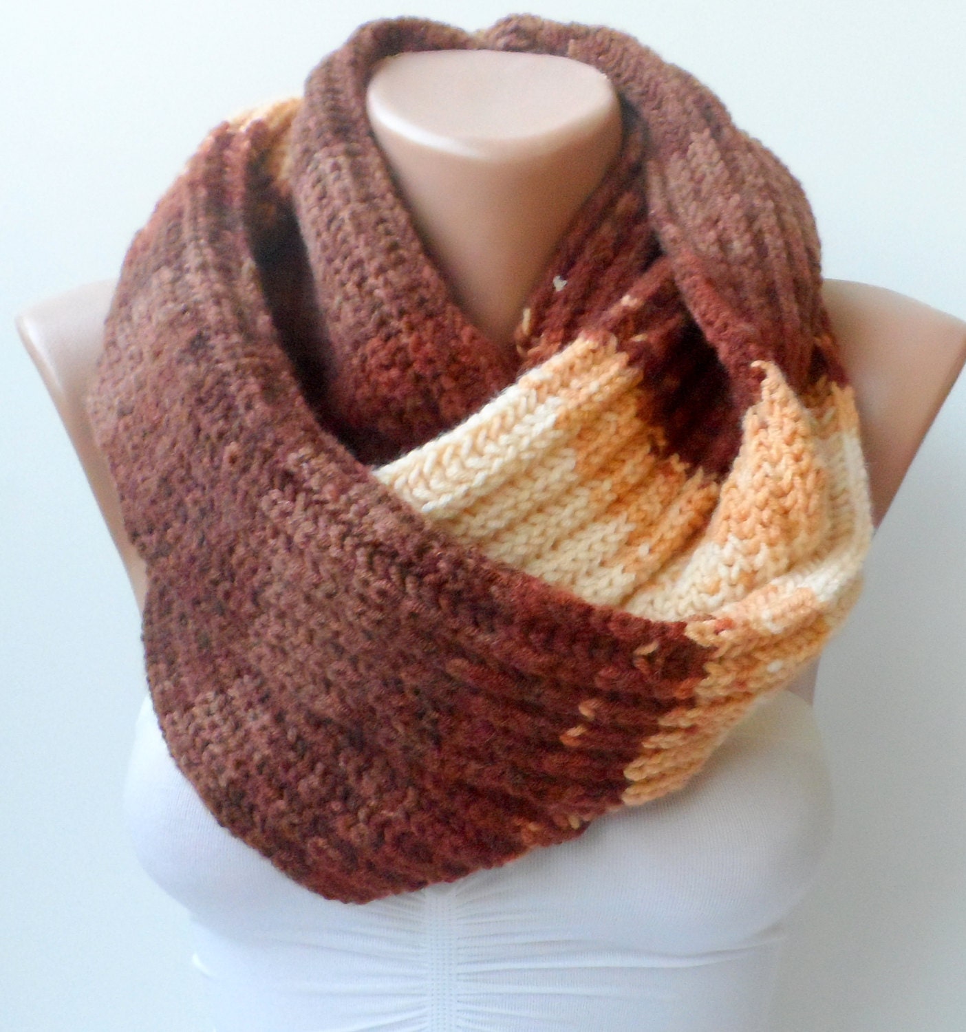 Brown Cream Knitted Cowl Scarf Loop Scarf Infinity Scarf WOOL Scarf ...