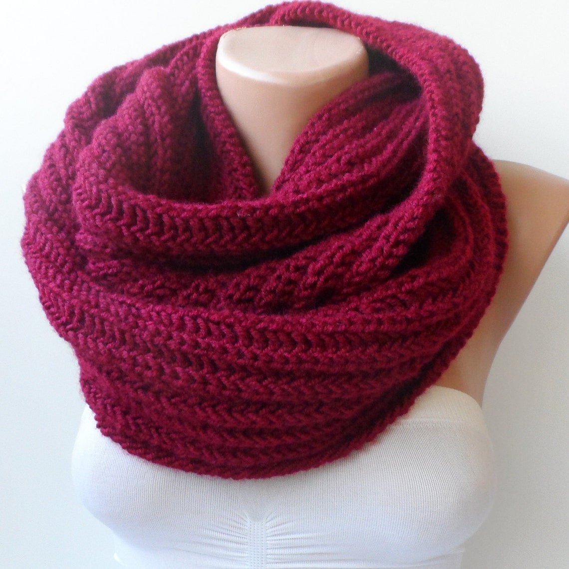 Burgundy Knitted Cowls UNISEX Knit Loop Scarf Handmade Infinity ...