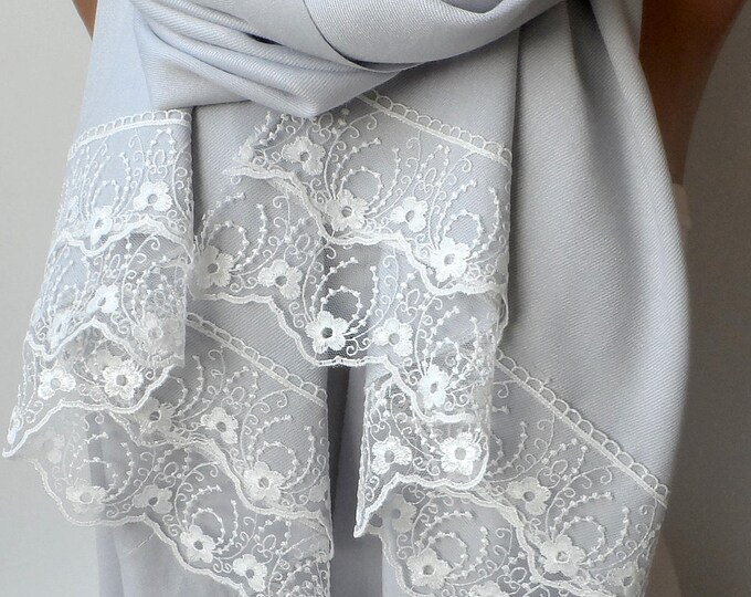 Light Gray Wedding Pashmina With Light Gray French Lace Shawl Dainty ...