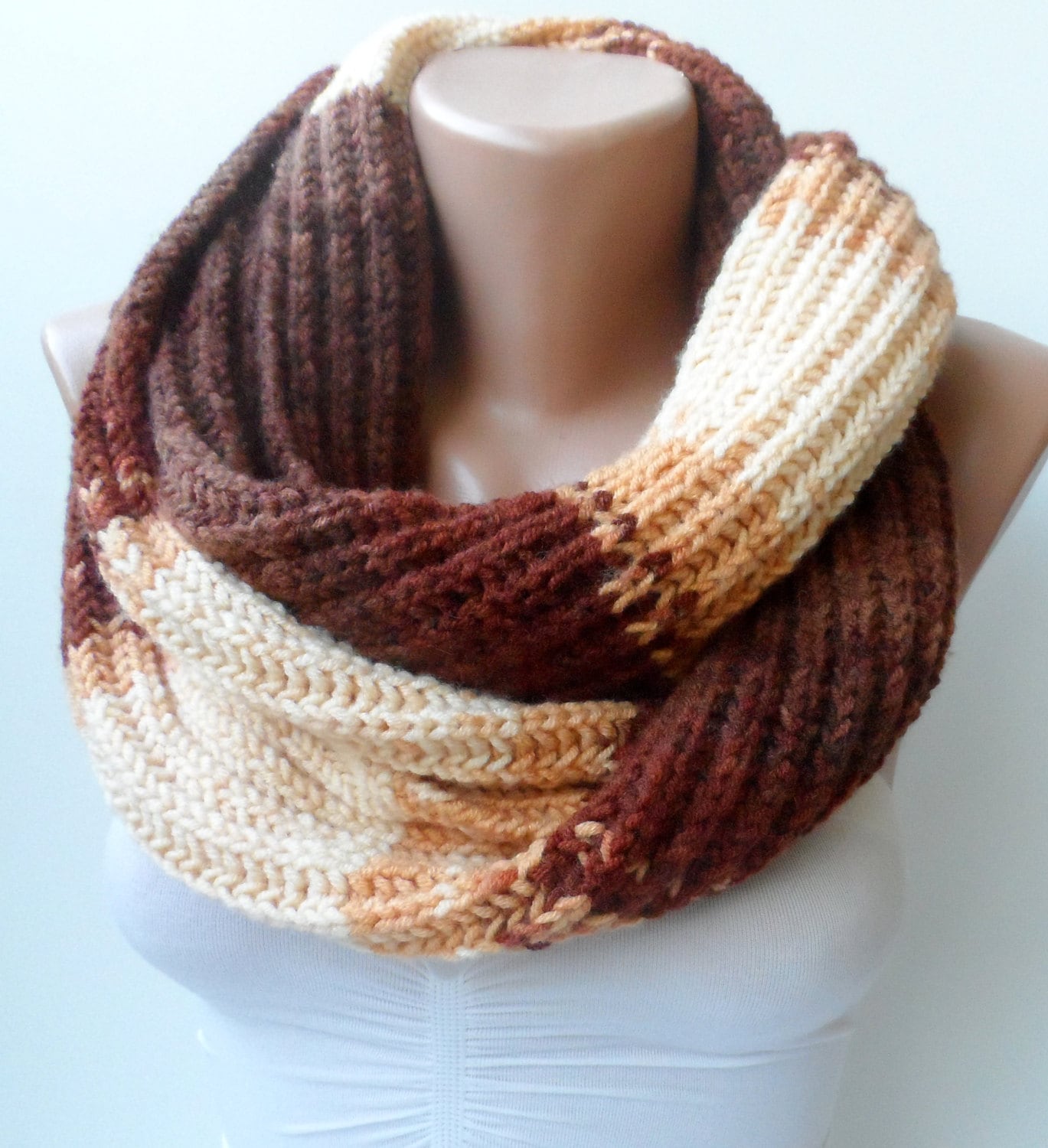 Brown Cream Knitted Cowl Scarf Loop Scarf Infinity Scarf WOOL Scarf ...