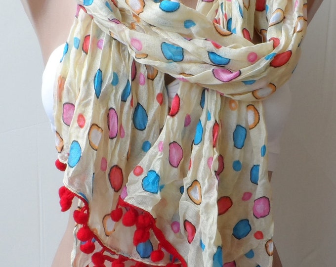 Cream Red Pompom Scarf,polka Dots Scarf Crinkle Scarf Summer Scarf ...
