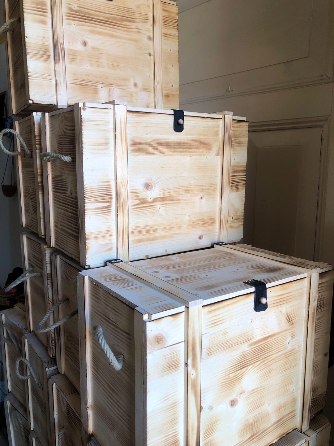 XXL Wooden Boxes With or Without Lids, Flamed, Each With Two Hemp Rope ...