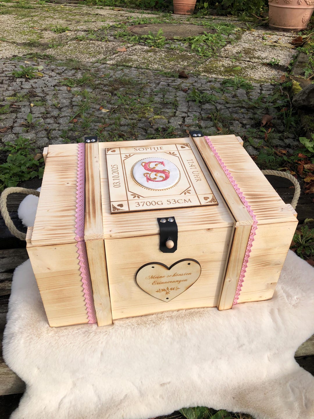 Large Personalized Wooden Birth Gift Box With Hand-embroidered Initial ...