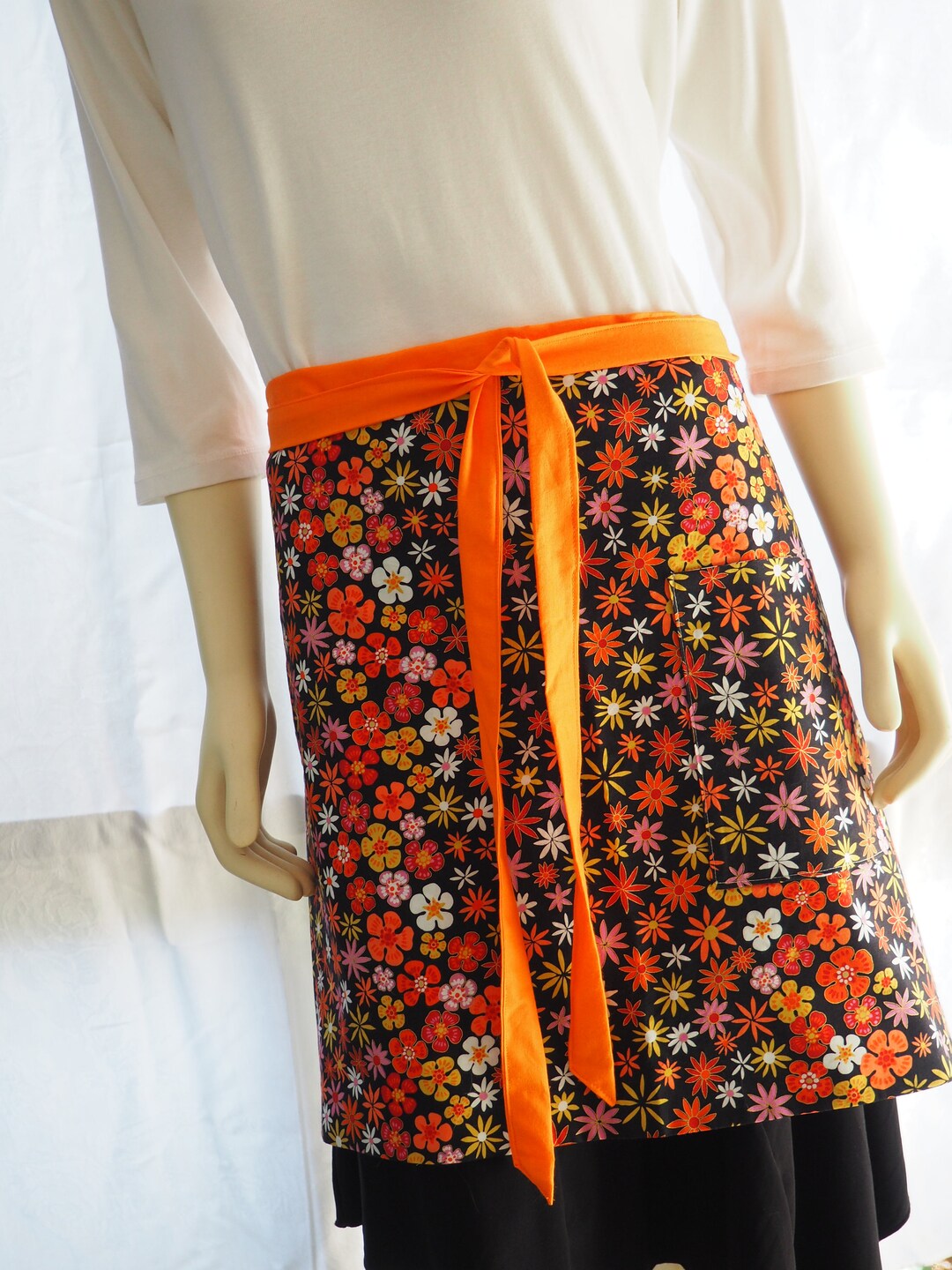 Black and Orange Floral Apron With Pockets, Handmade Half Apron ...
