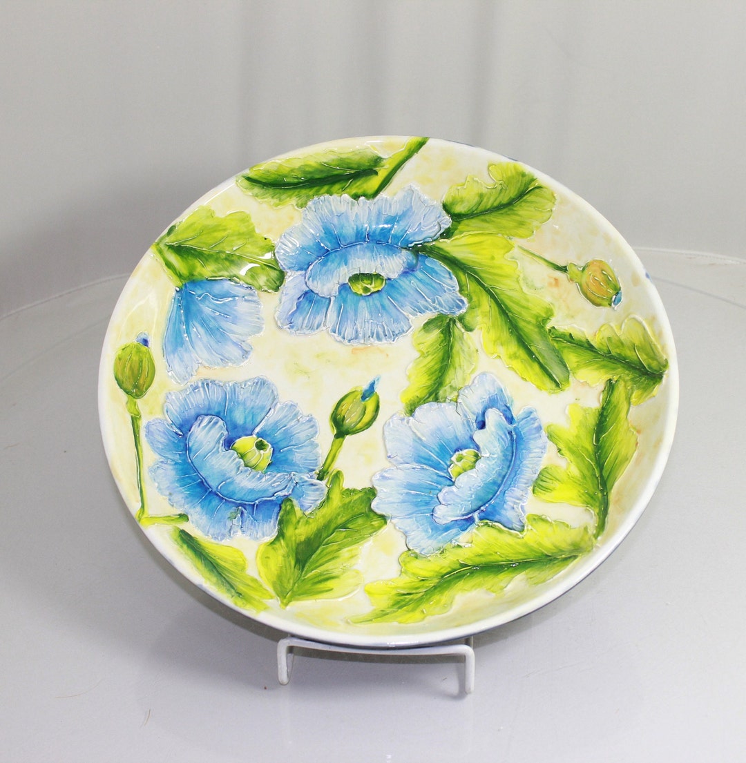 Hand Painted Large Round Dish in Moorcroft Style With Himalayan Poppies ...