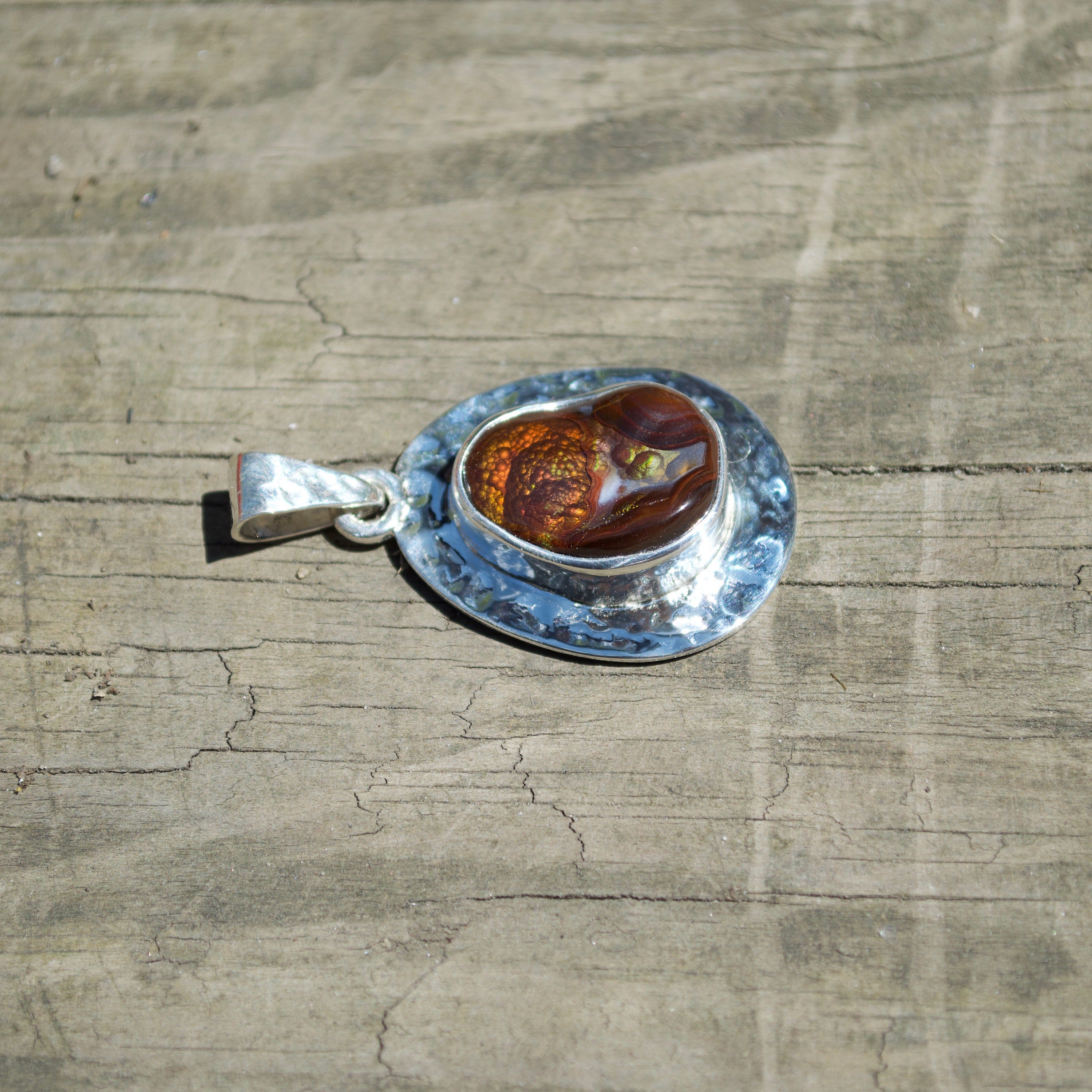 Striking Hammered Silver Fire Agate Pendant // Fire Agate | Etsy
