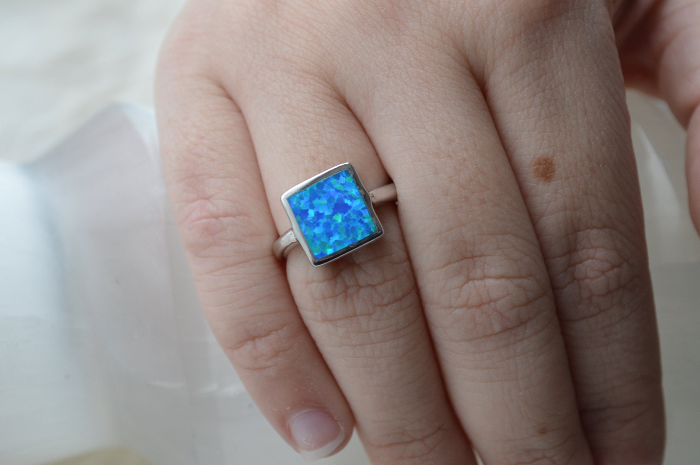 Sleek Square Cut Opal Ring // Sterling Silver Ring // | Etsy