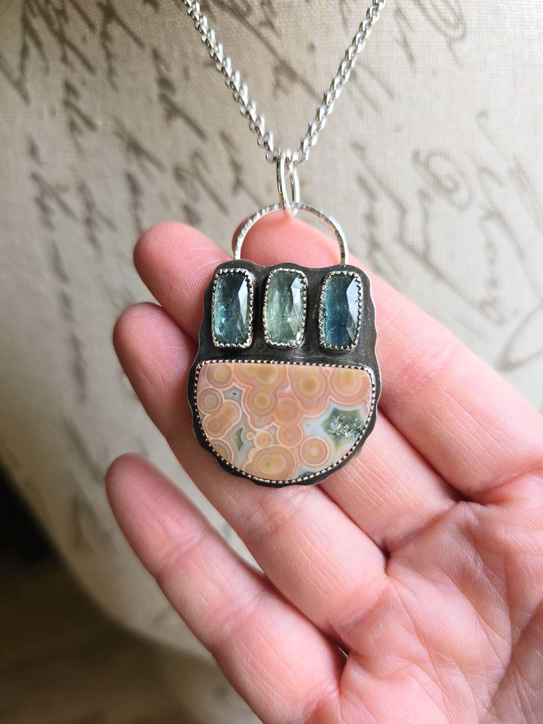 Oxidized Sterling Silver Ocean Jasper Kyanite Pendant With Rolo Chain ...