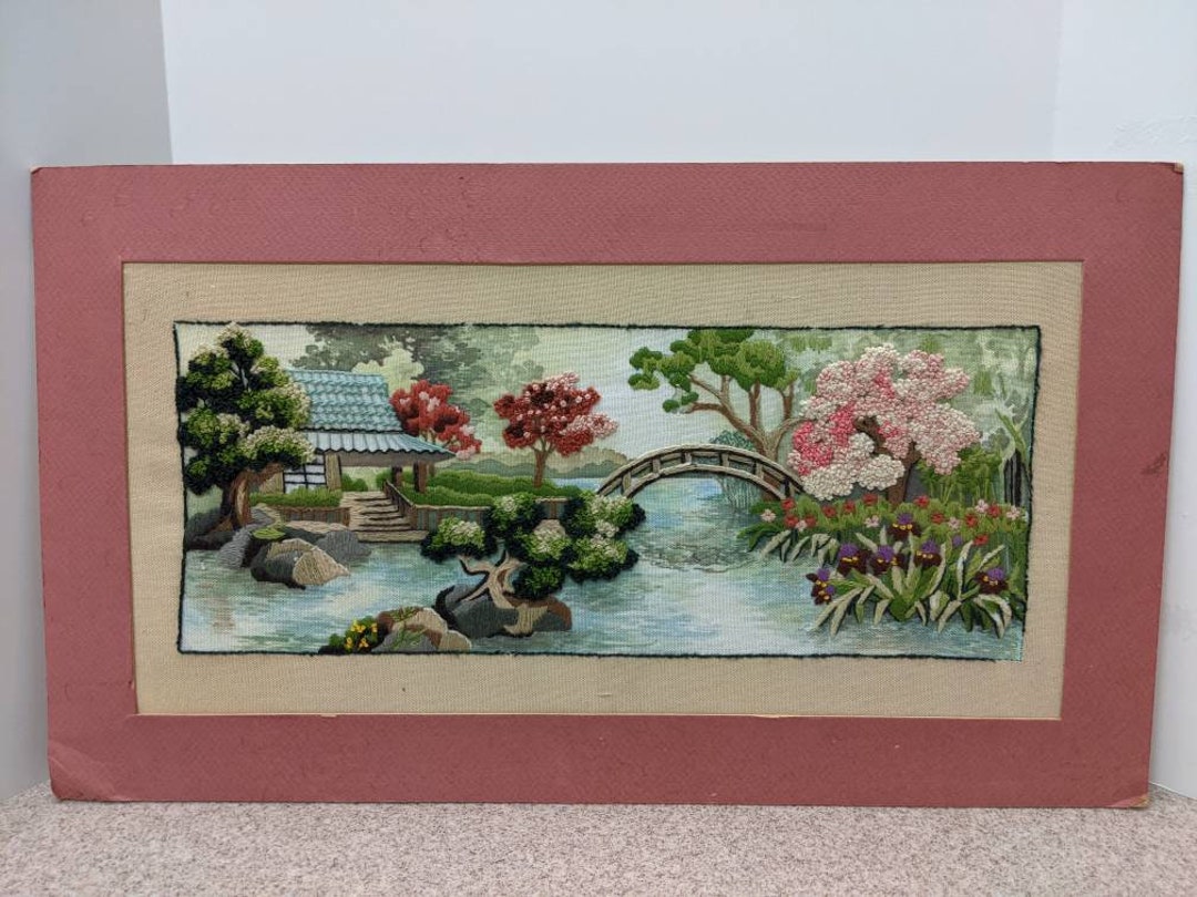 Vintage Crewel Needlework Japanese Scenery Completed Circa 1970s - Etsy