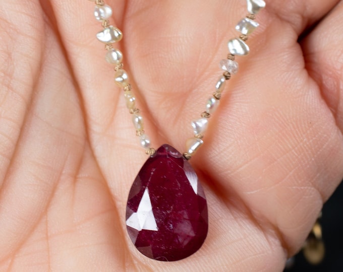 Ruby Drop With Hand Knotted Saltwater Akoya Pearl and 14K Gold, N100 - Etsy