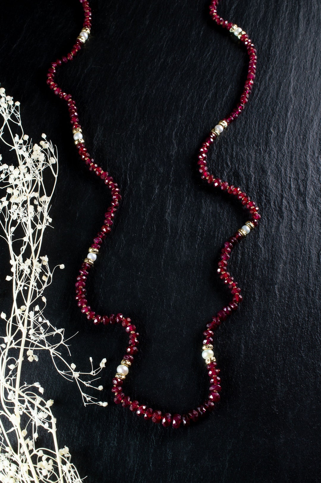 Natural Ruby Necklace With Freshwater Pearl and Solid 14k Gold - Etsy
