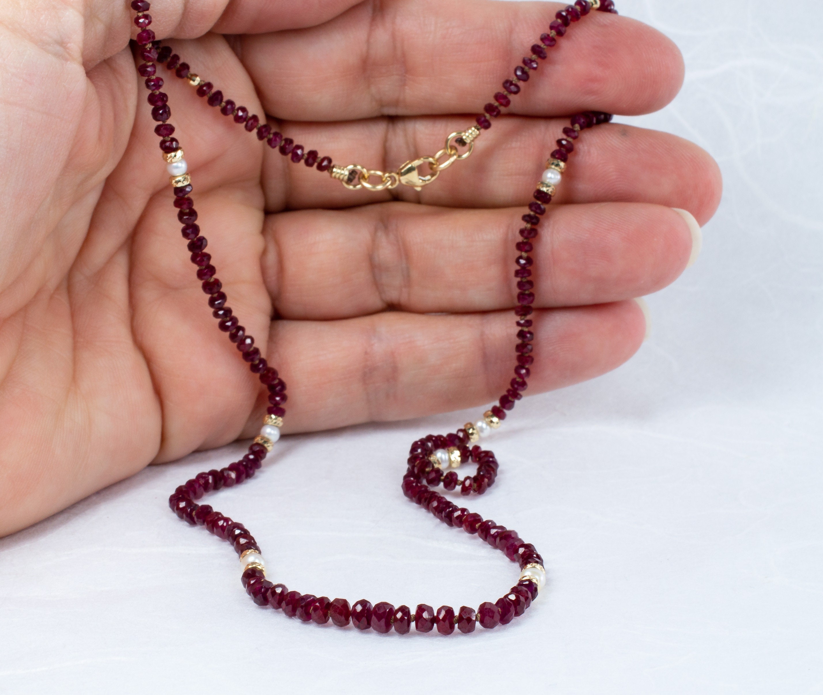Natural Ruby Necklace With Freshwater Pearl and Solid 14k Gold Accents ...