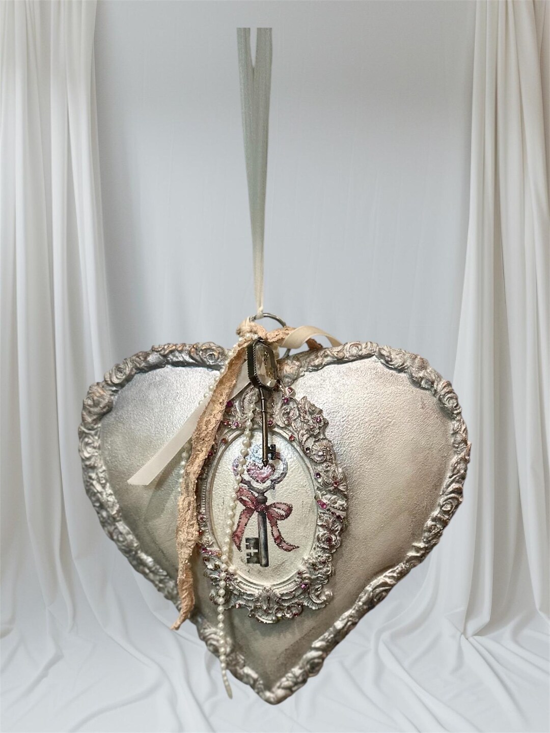 Hanging Heart, Embellished Heart Decor, Shabby Chic Heart, Home Decor ...