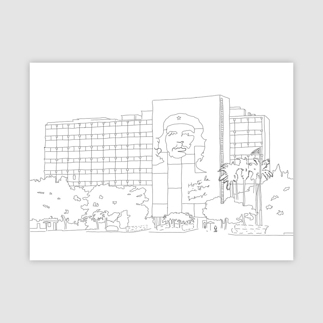 Che Guevara Building Havana Cuba - Line Drawing - Architecture Drawing ...