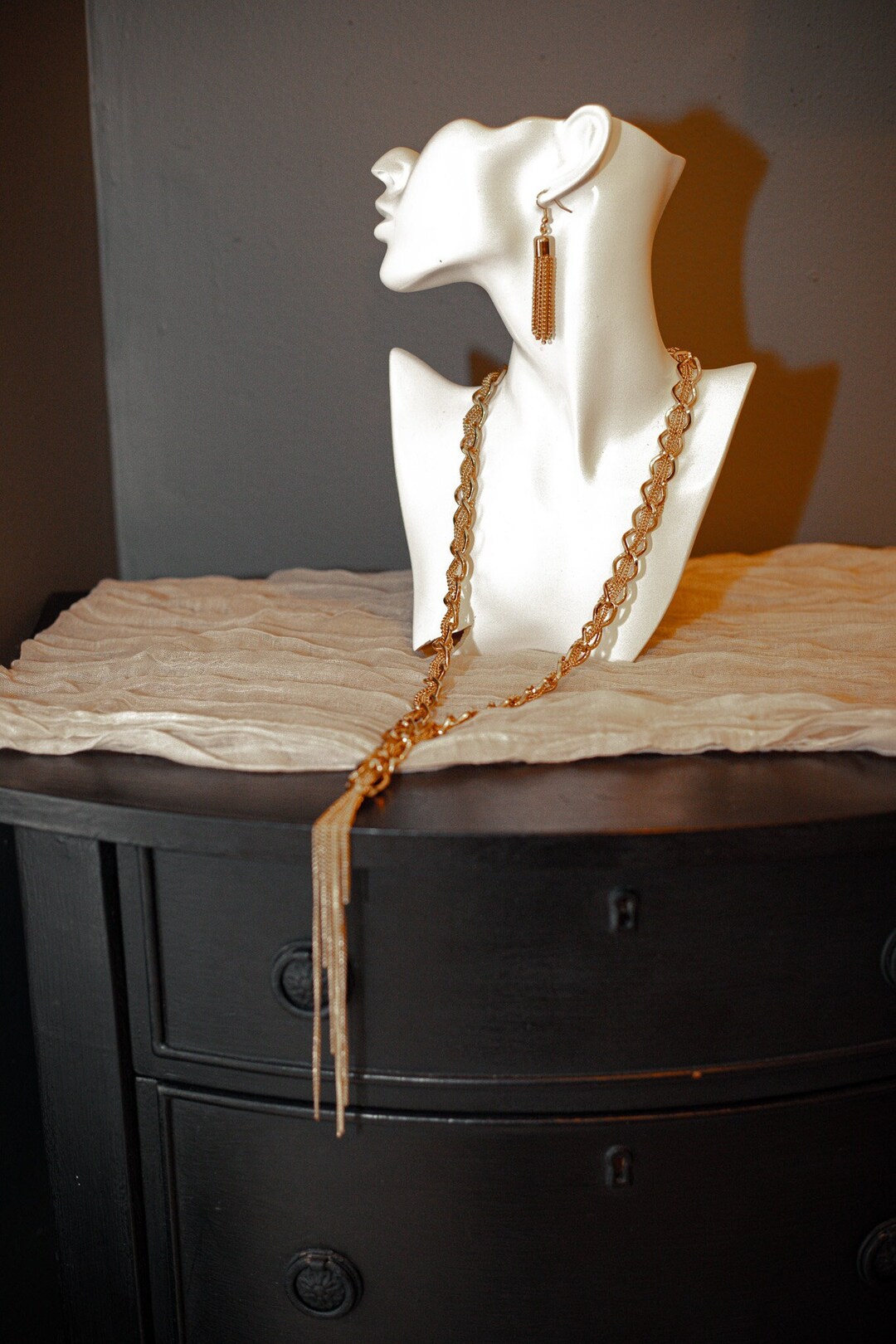 1920s Style Jewelry- Gold Vintage Necklace and Earrings - Vintage Metal ...