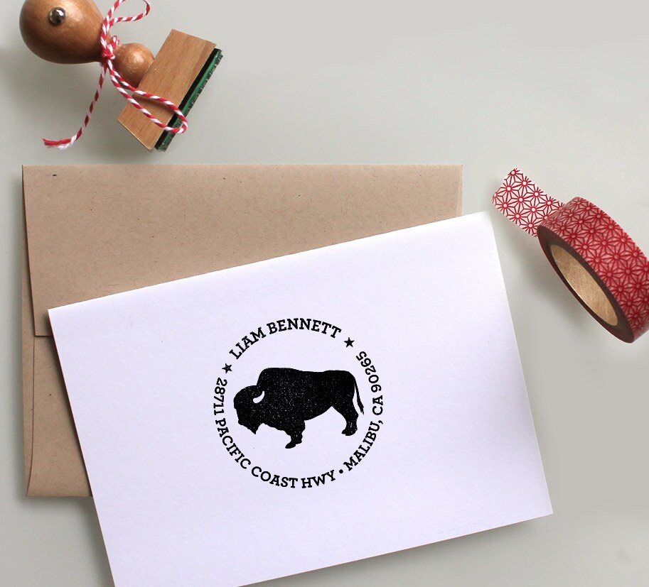 Custom Address Stamp With Buffalo Bison Rubber Stamp Return - Etsy