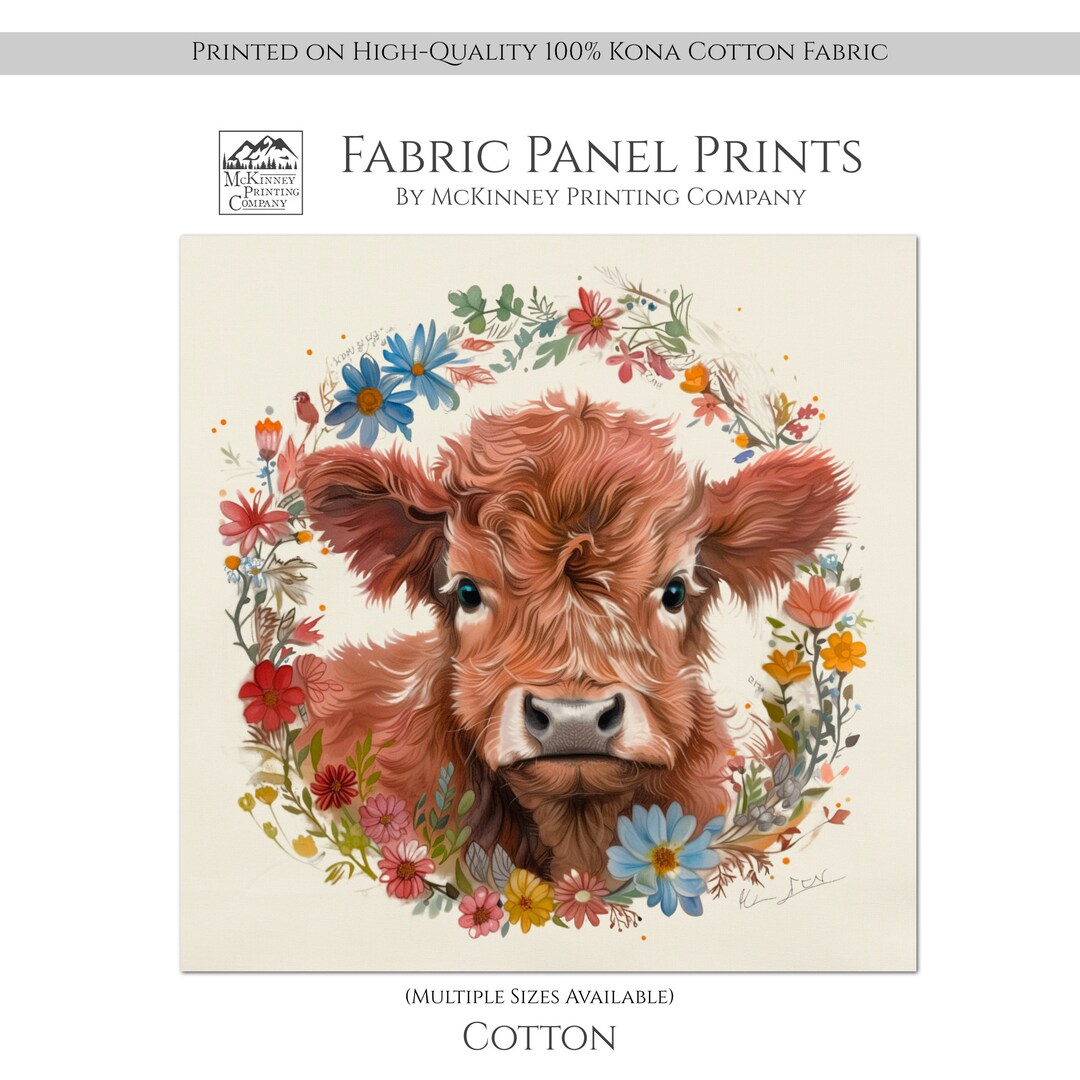 Cow Fabric, Highland Cow Fabric, Farm, Floral, Animal, Wall Art, Large ...