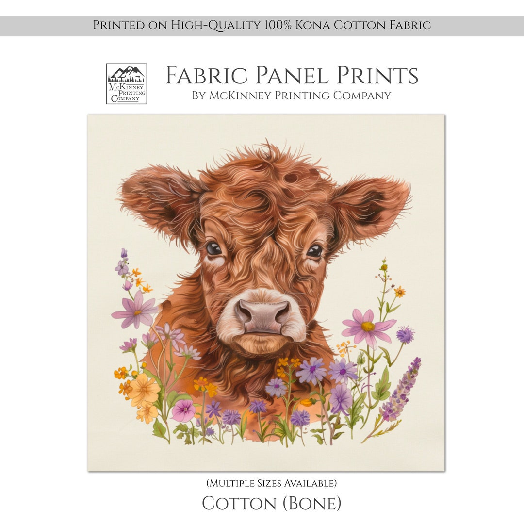 Cow Fabric, Highland Cow Print, Farm, Floral, Calf, Canvas, Wall Art ...