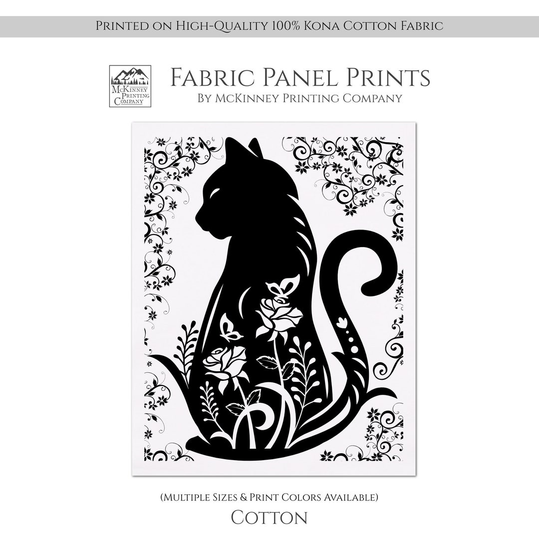 Black Cat Fabric Panel, Cat Fabric, Floral, Sewing, Large Print Fabric ...