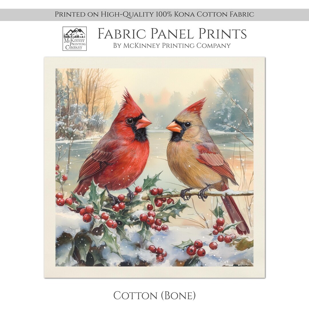 Cardinal Fabric, Bird Fabric Panel, Woodland Animal, Christmas Fabric ...
