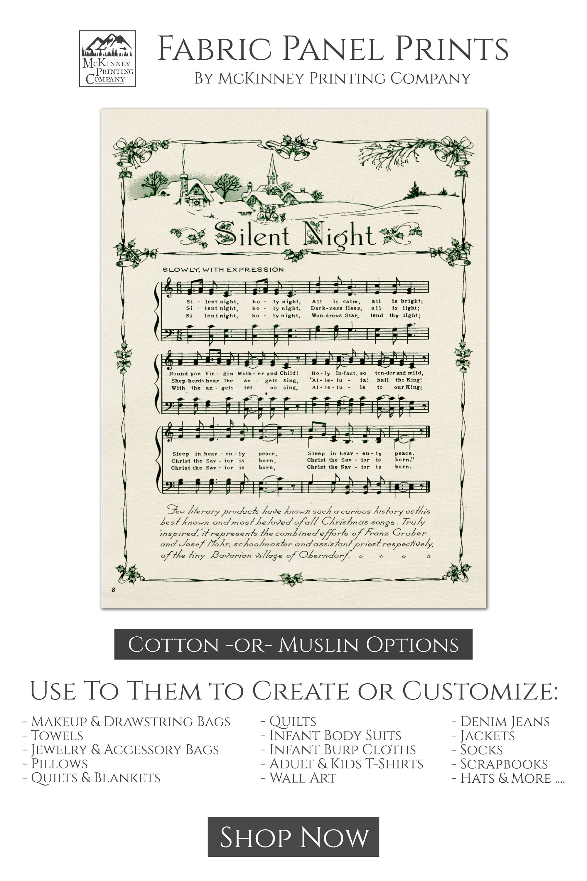 Silent Night, Christmas Fabric Panels, Christmas Song, Lyrics, Large ...