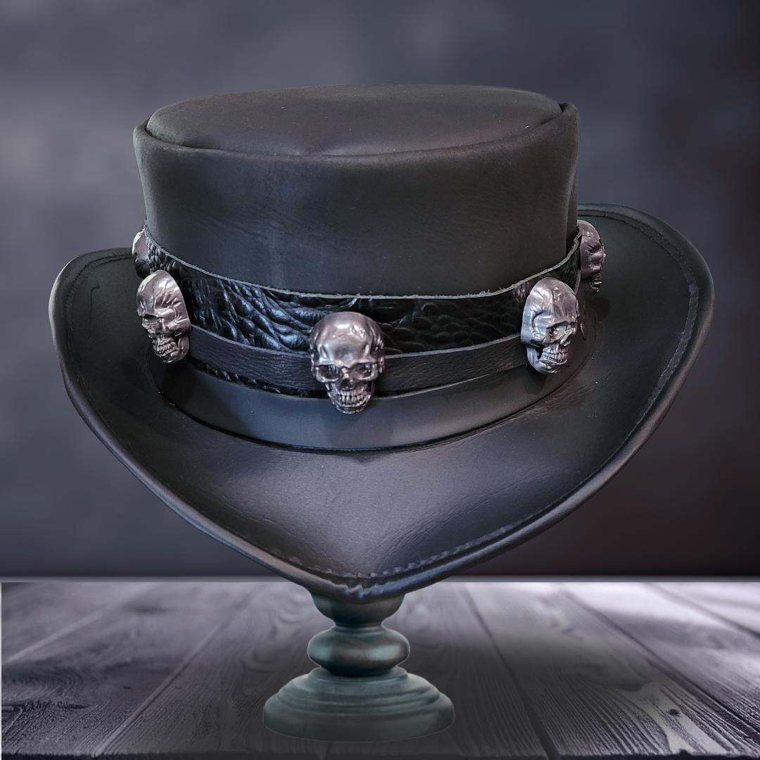 Black Leather Gambler Hat With Skulls-size Medium - Etsy