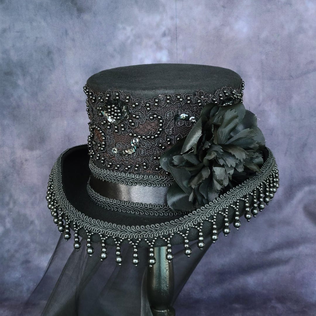 Black Beaded Top Hat With Veil - Etsy