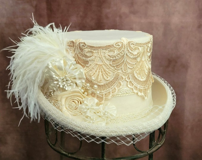Ivory and Beige Lace Top Hat, Steampunk Bridal Hat - Etsy