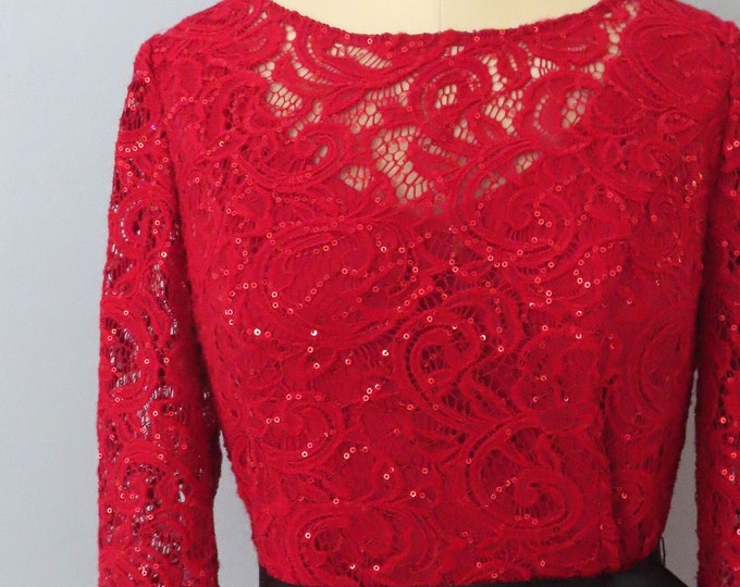 1980s Red Sequin Lace Evening Blouse | Size Medium | Red Holiday Top ...