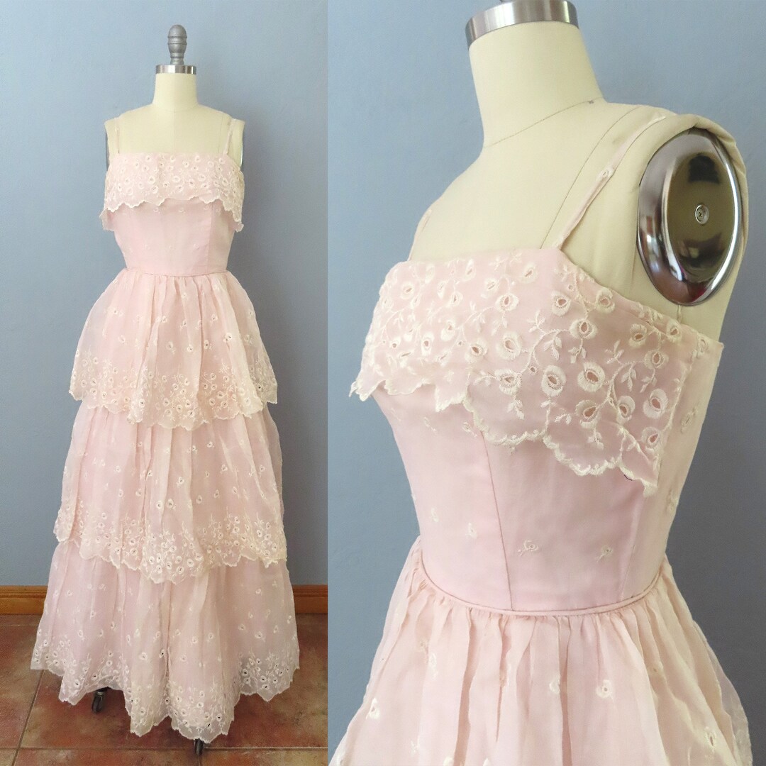 Vintage 70s Pink Eyelet Lace Ruffle Gown | Size Xs | Formal Dress Pink ...