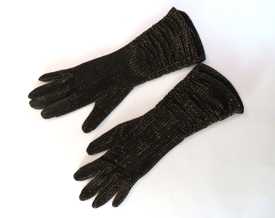 60s Black Gold Sparkling Evening Gloves Mid Length Opera Gloves Glitter ...