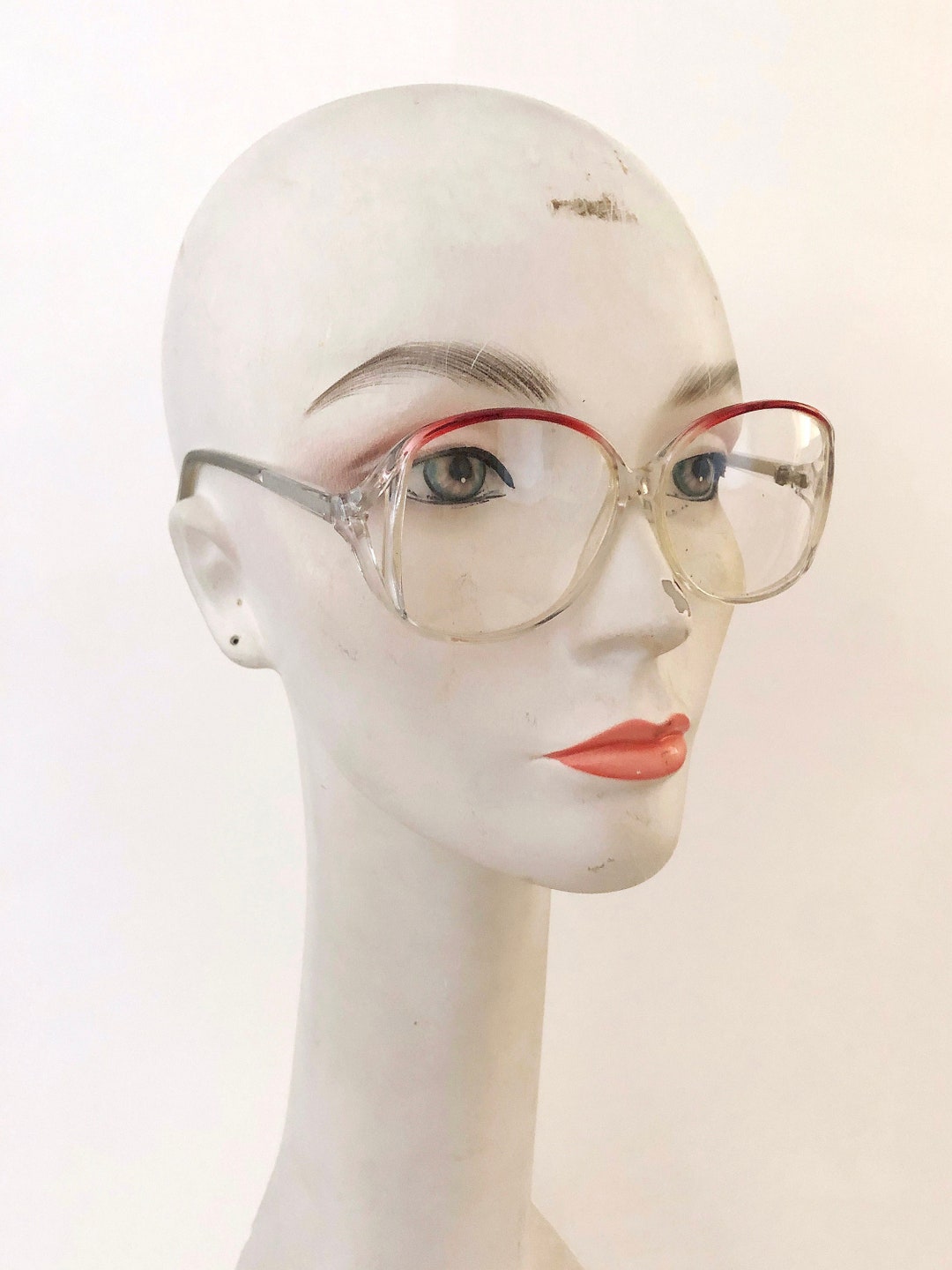 1970s Retro Oversized Eyeglass Plastic Frames Red Clear Face ...