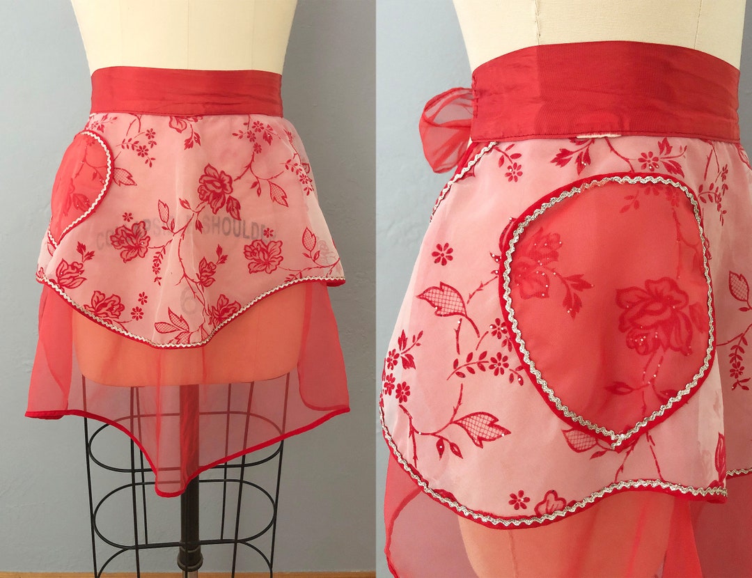 1960s Red Floral Sheer Apron | Valentine Day Gift Apron Hostess Apron ...