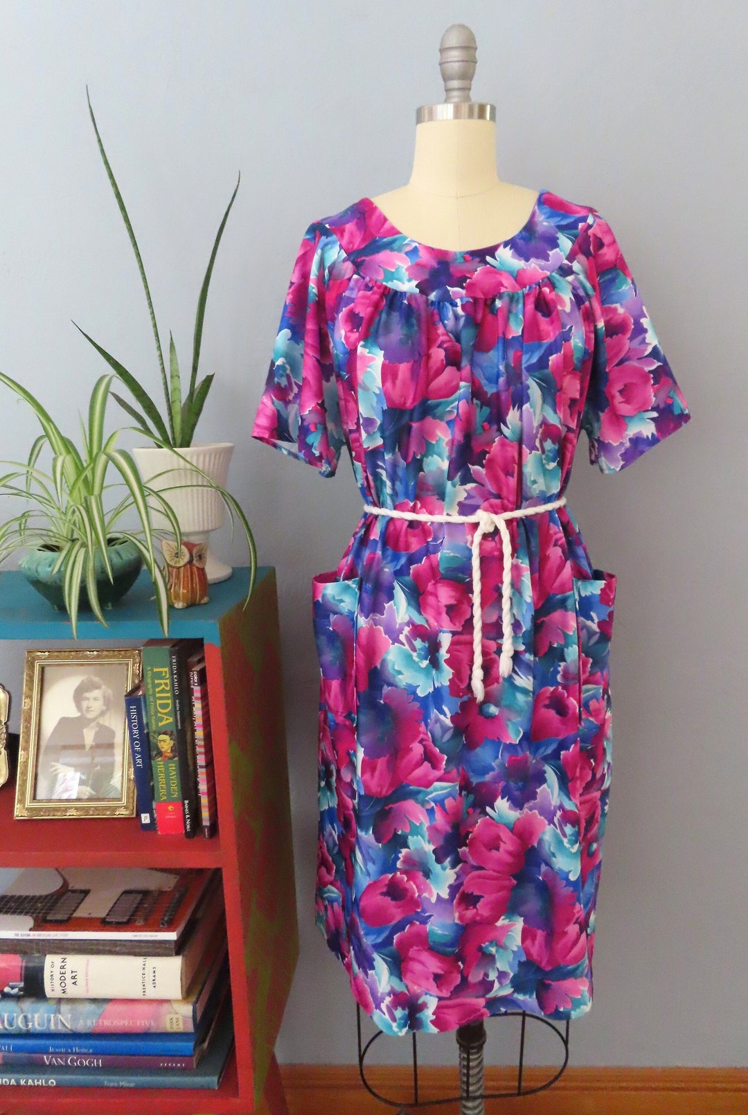 1980s Blue Red Floral House Dress | Large | Mumu Muumuu Loungewear ...