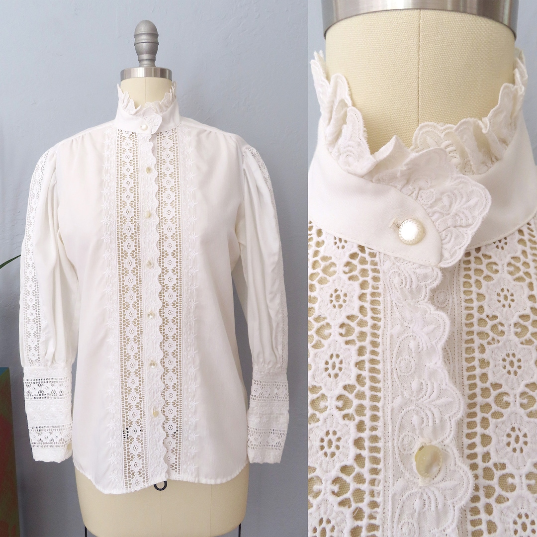 1950s Adelaar Victorian Embroidered Lace High Neck Blouse | Medium ...