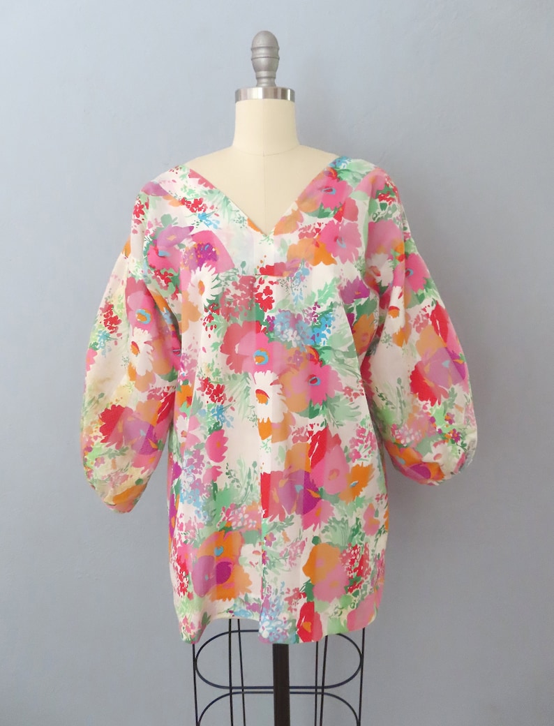 1970s Floral Smock Tunic: Open Back Balloon Sleeve Top - Etsy