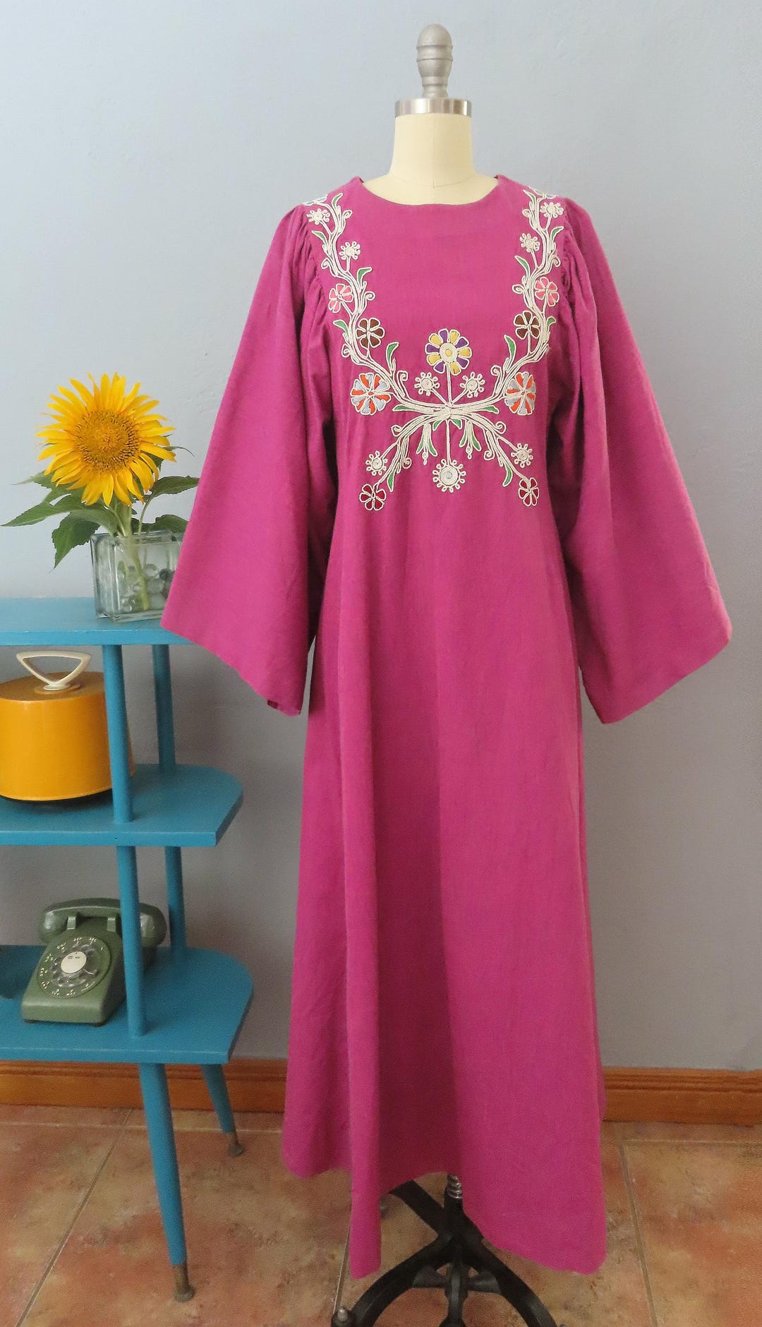 1970s Maskit Israel Pink Floral Embroidered Kaftan Cotton Dress | M L ...