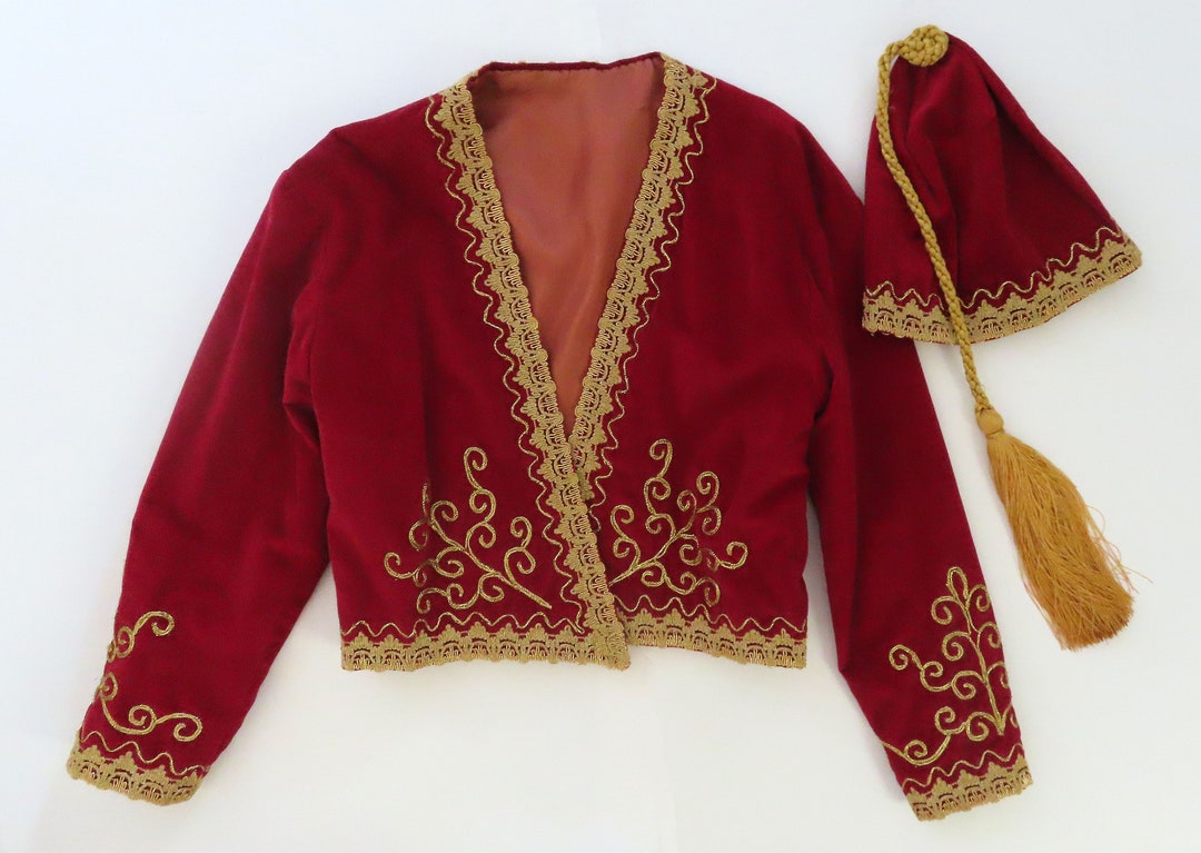 1970s Red Gold Metallic Cropped Velvet Jacket Tassle Hat Size Large ...